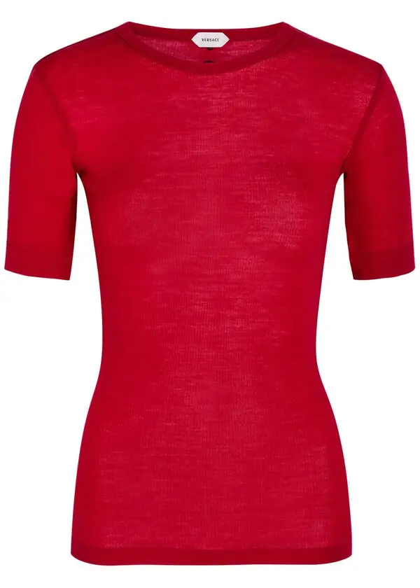 Versace Ribbed Wool T-shirt With Logo - Red