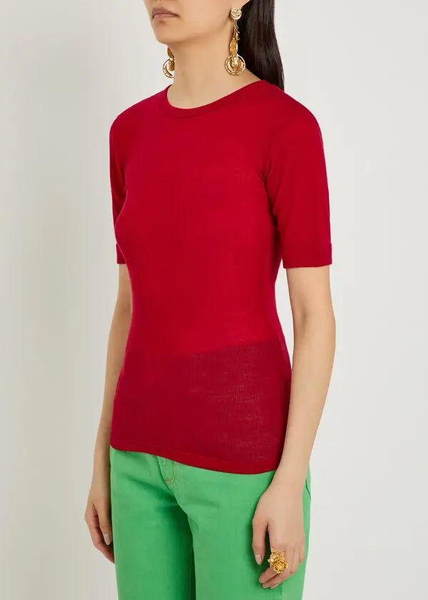 Versace Ribbed Wool T-shirt With Logo - Red