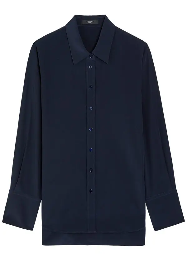 JOSEPH Silk-crepe Shirt With Wide Box Pleat And Curved Hem - Navy