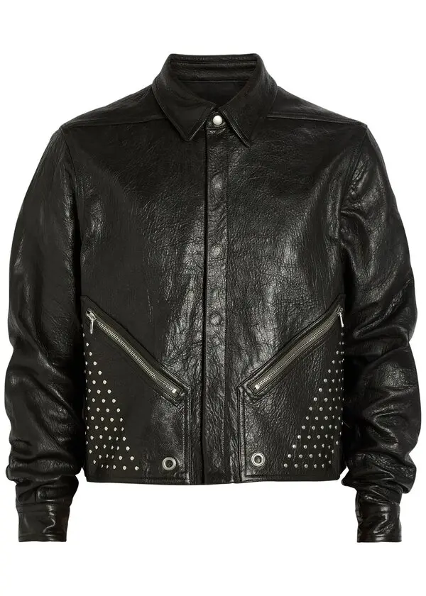 Rick Owens Grained Leather Studded Jacket - Black