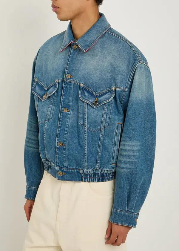 Versace Leather-collar Denim Jacket - Blue