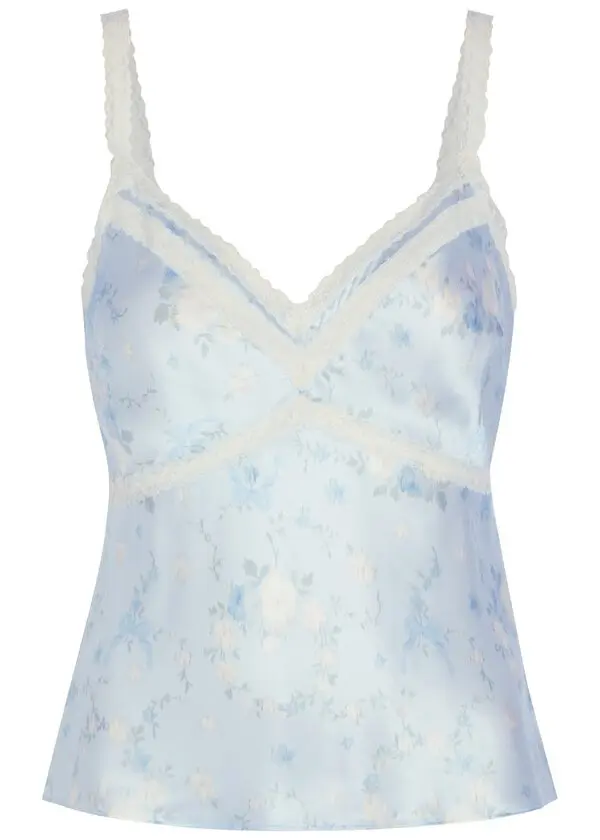 LoveShackFancy Lirena Floral-print Silk Cami Top - Light Blue