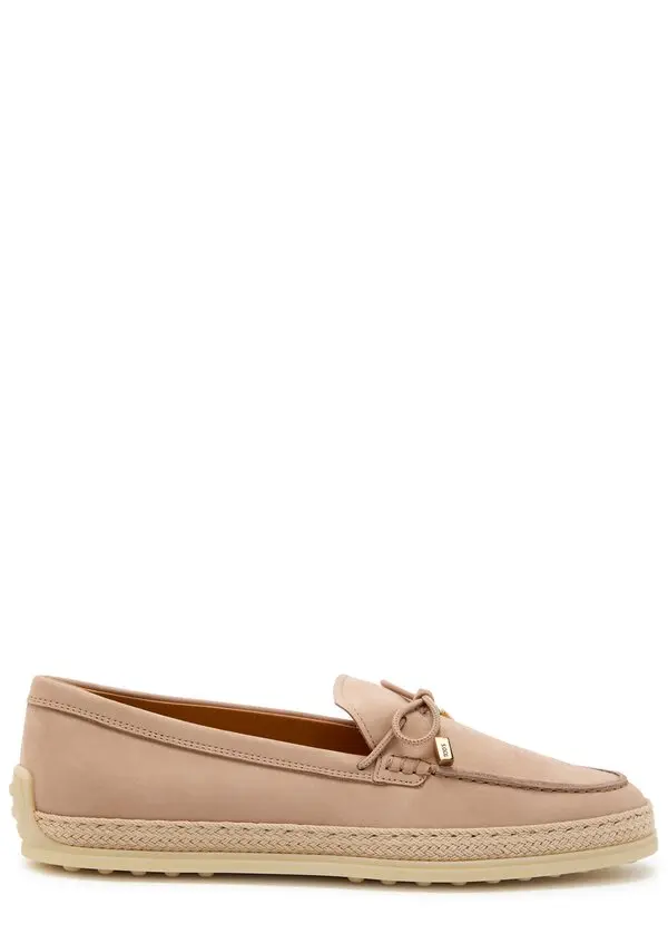 TOD'S Raffia-trim Suede Loafers - Camel