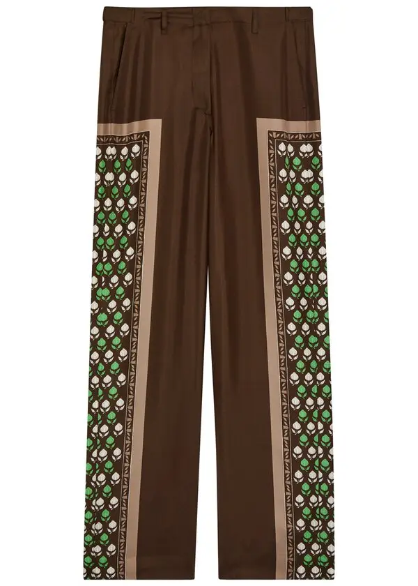 Tory Burch Printed Straight-leg Silk Trousers - Brown