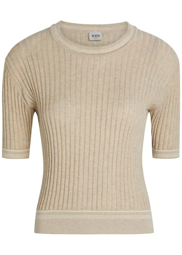 TOD'S Cropped Cotton-knit T-shirt With Striped Trims - Beige