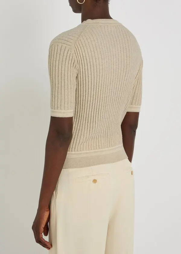 TOD'S Cropped Cotton-knit T-shirt With Striped Trims - Beige