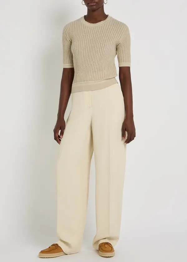 TOD'S Cropped Cotton-knit T-shirt With Striped Trims - Beige