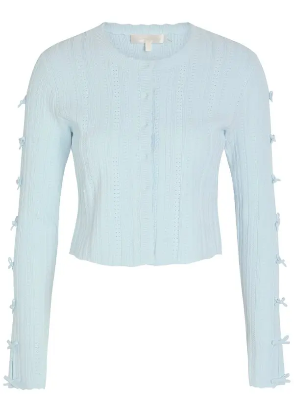 LoveShackFancy Zoriah Bow-appliquéd Pointelle-knit Cardigan - Light Blue
