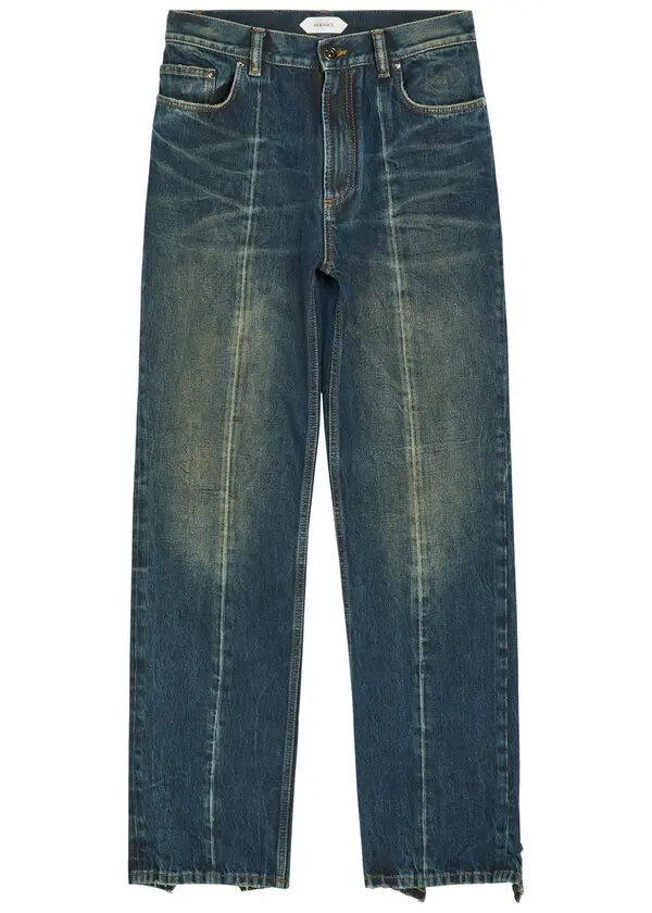 Versace Distressed Straight-leg Jeans - Blue