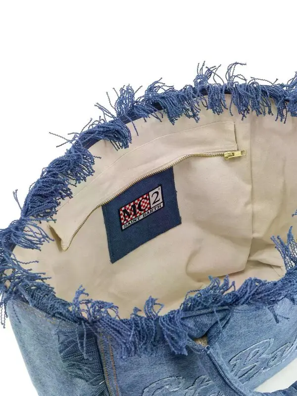 MC2 SAINT BARTH Vanity Fringed Logo Denim Tote - Blue