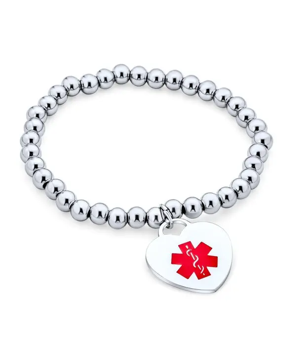 BLING JEWELRY Medical Id Heart Charm Beaded Bracelet - Silver Tone