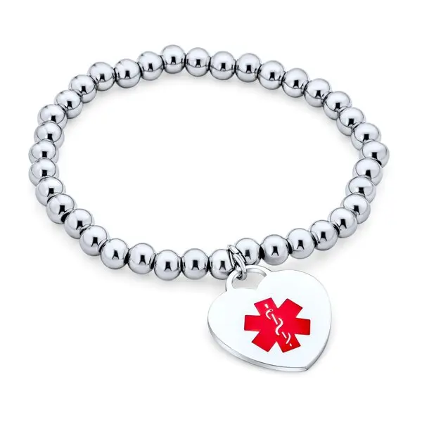 BLING JEWELRY Medical Id Heart Charm Beaded Bracelet - Silver Tone