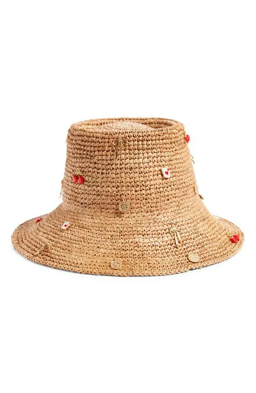 San Diego Hat Charm Embellished Raffia Bucket Hat - Tan