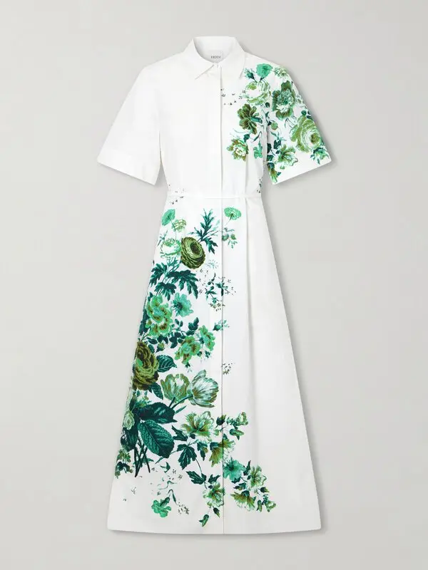 Erdem Floral-print Cotton-poplin Midi Shirt Dress - Green