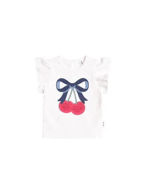 HUXBABY Cherry Bow Frill Sleeve Tee - White