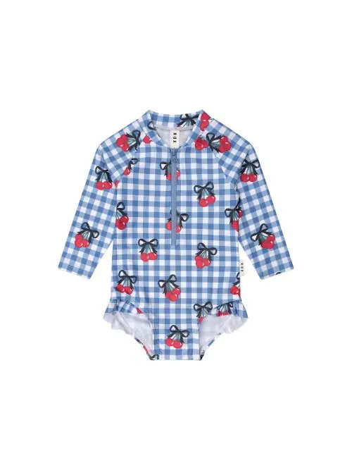 HUXBABY Cherry Gingham Raglan Surf Suit - Bijou Blue/check