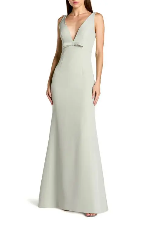 Mac Duggal Petite Crepe Sleeveless V Neck Sheath Gown With Bow - Sage