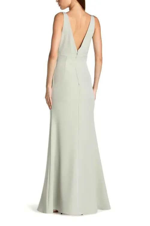 Mac Duggal Petite Crepe Sleeveless V Neck Sheath Gown With Bow - Sage