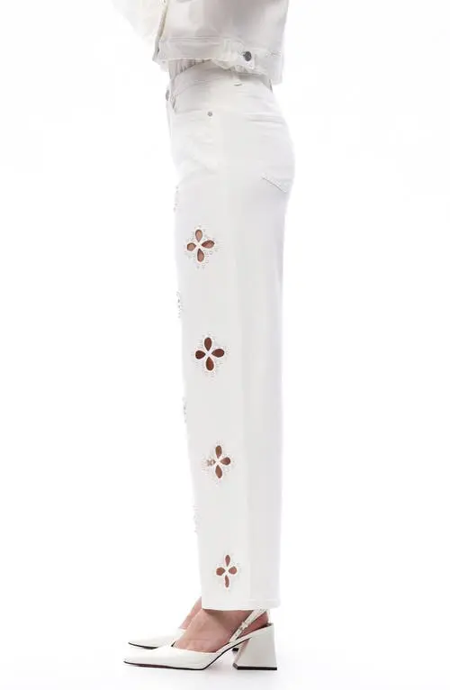 BAYEAS Studded Floral Eyelet Straight Leg Jeans - White
