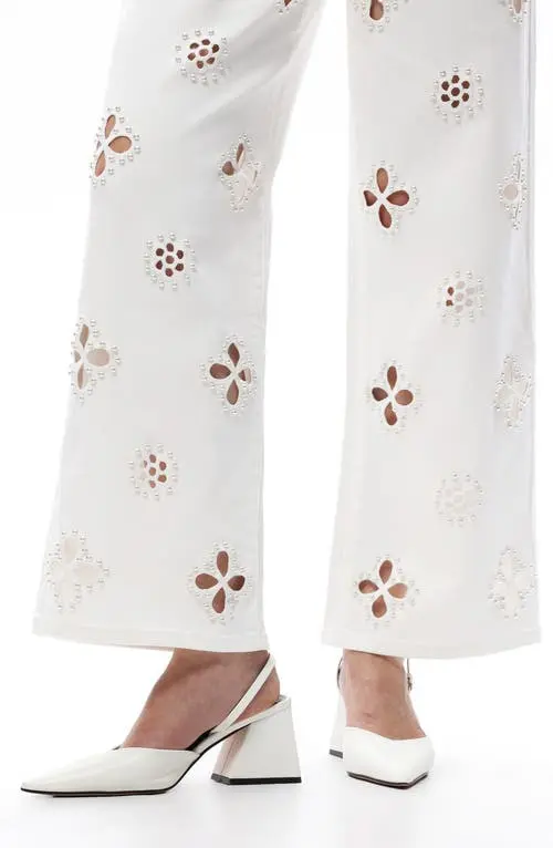 BAYEAS Studded Floral Eyelet Straight Leg Jeans - White