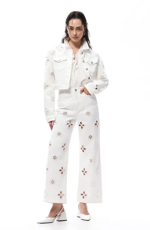 BAYEAS Studded Floral Eyelet Straight Leg Jeans - White