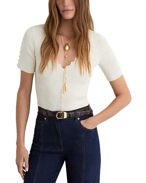 REISS Marcy Scalloped Edge Knit Top - Ivory