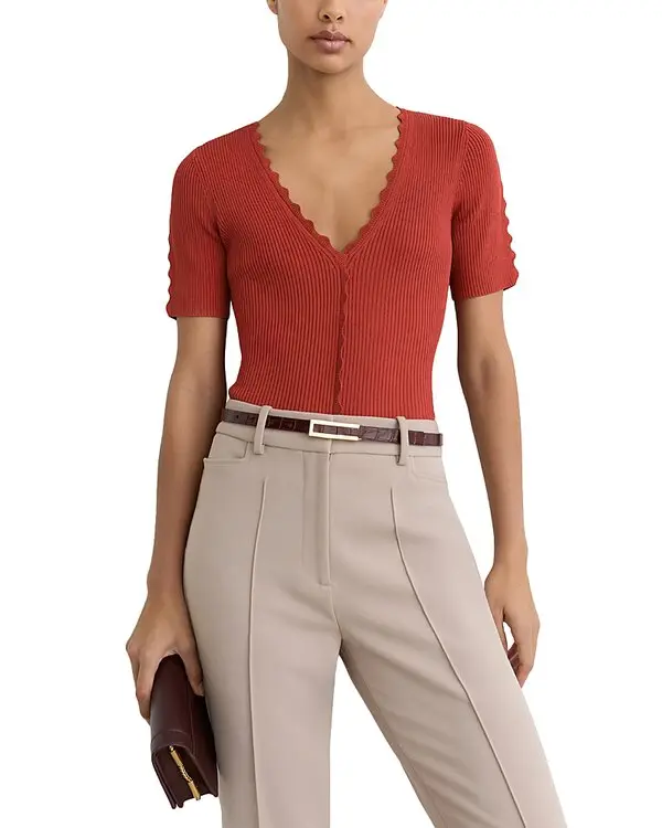 REISS Marcy Scalloped Edge Top - Rust Red