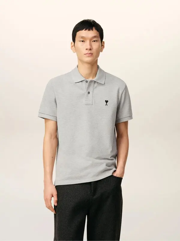 AMI Paris Heather Ash Contrasted De Coeur Polo Shirt - Grey