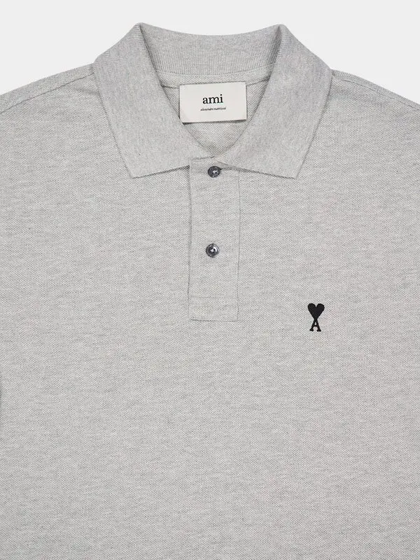 AMI Paris Heather Ash Contrasted De Coeur Polo Shirt - Grey