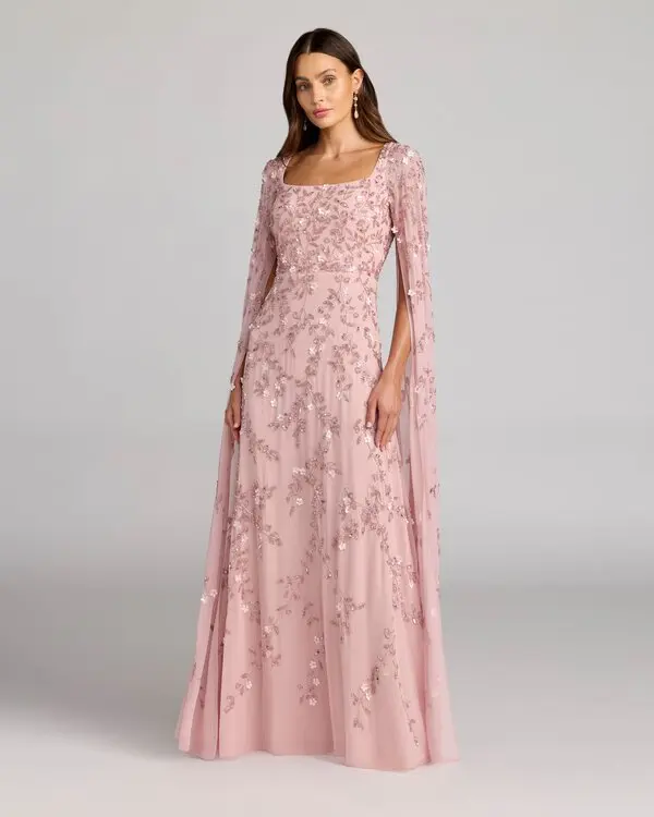 Mac Duggal Floral Embellished Cape Sleeve Gown - Pink