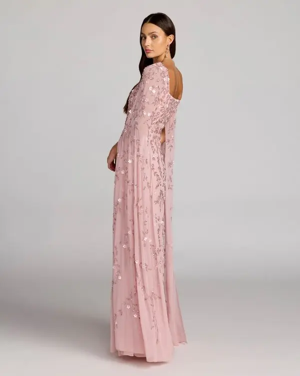 Mac Duggal Floral Embellished Cape Sleeve Gown - Pink