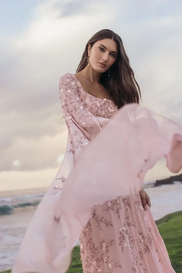 Mac Duggal Floral Embellished Cape Sleeve Gown - Pink