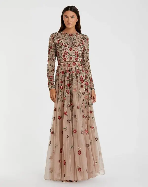 Mac Duggal Embellished High Neck Long Sleeve A-line Gown - Neutral