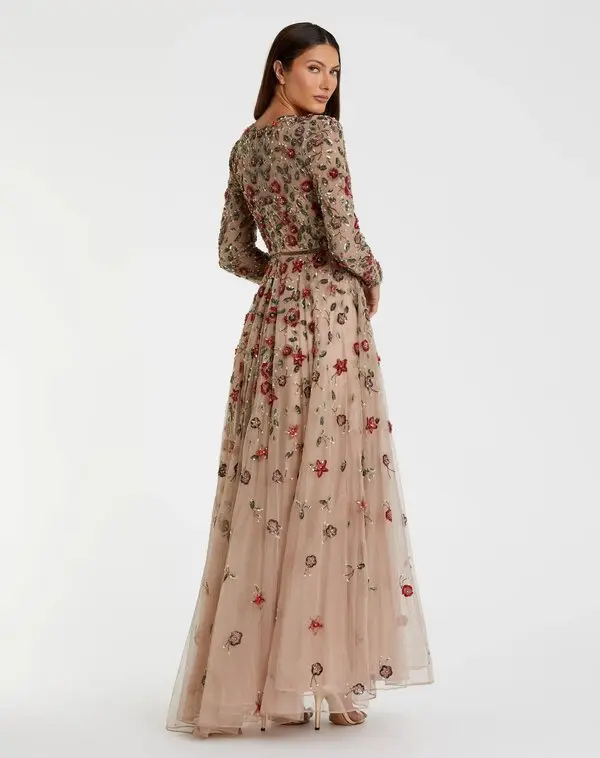 Mac Duggal Embellished High Neck Long Sleeve A-line Gown - Neutral