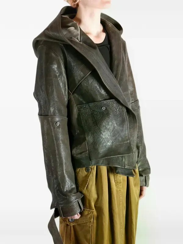YEHUAFAN Hooded Leather Jacket