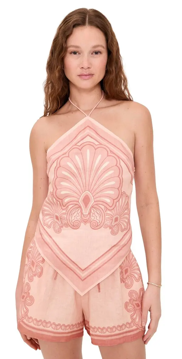 SHANI SHEMER Rosa Halter Neck Linen Top - Pink Shell Print