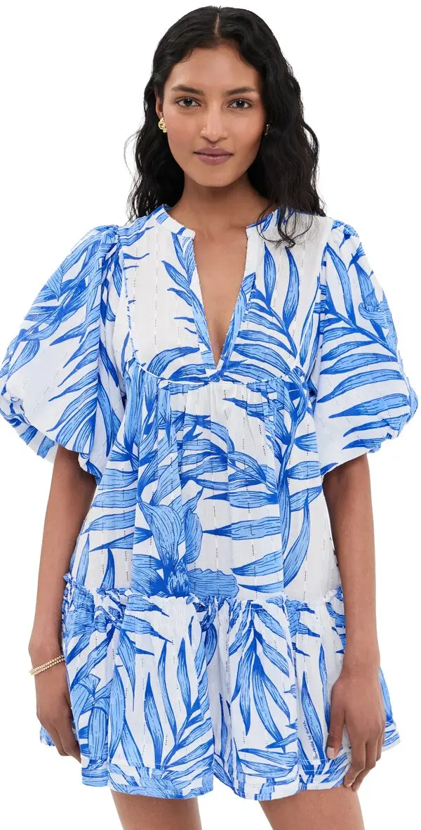 Poupette St Barth Mini Dress Cruz - Blue Palm Leaf