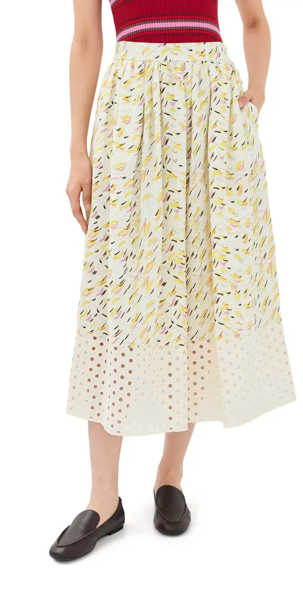 Marni Abstract Print Linen Midi Skirt With Eyelet Hem
