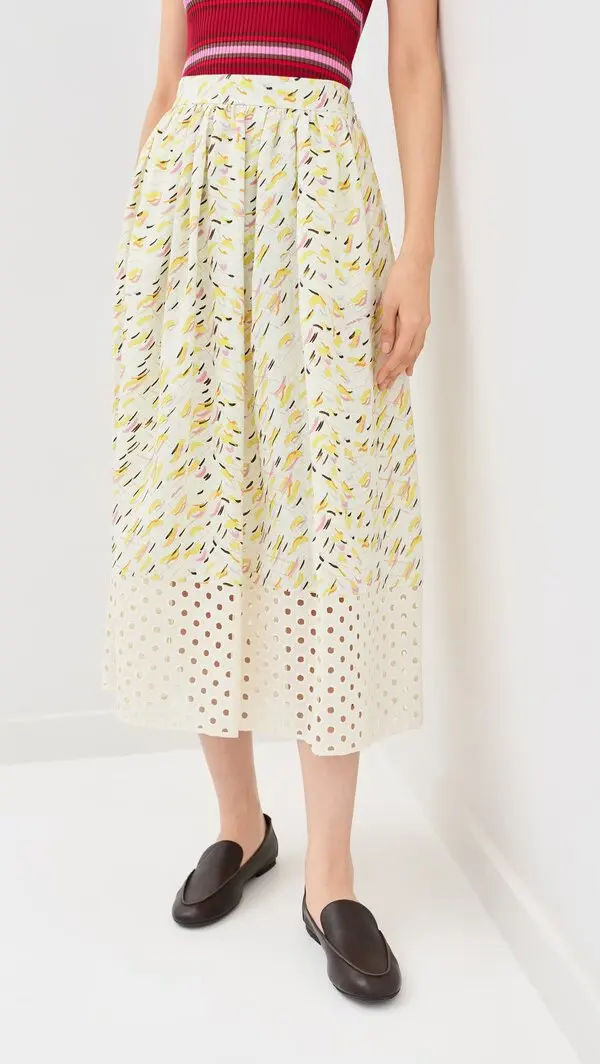 Marni Abstract Print Linen Midi Skirt With Eyelet Hem
