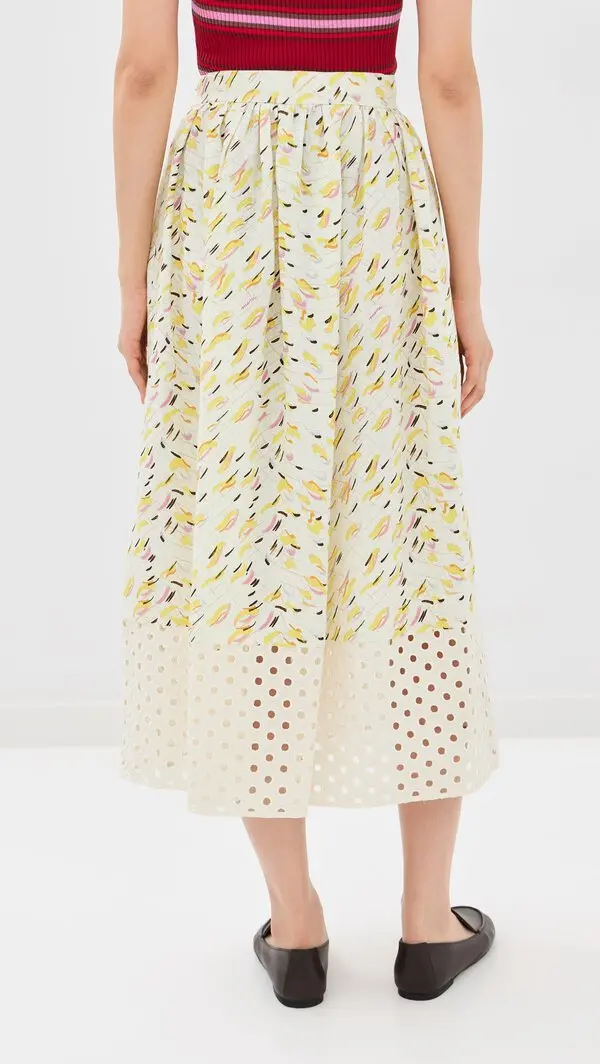 Marni Abstract Print Linen Midi Skirt With Eyelet Hem
