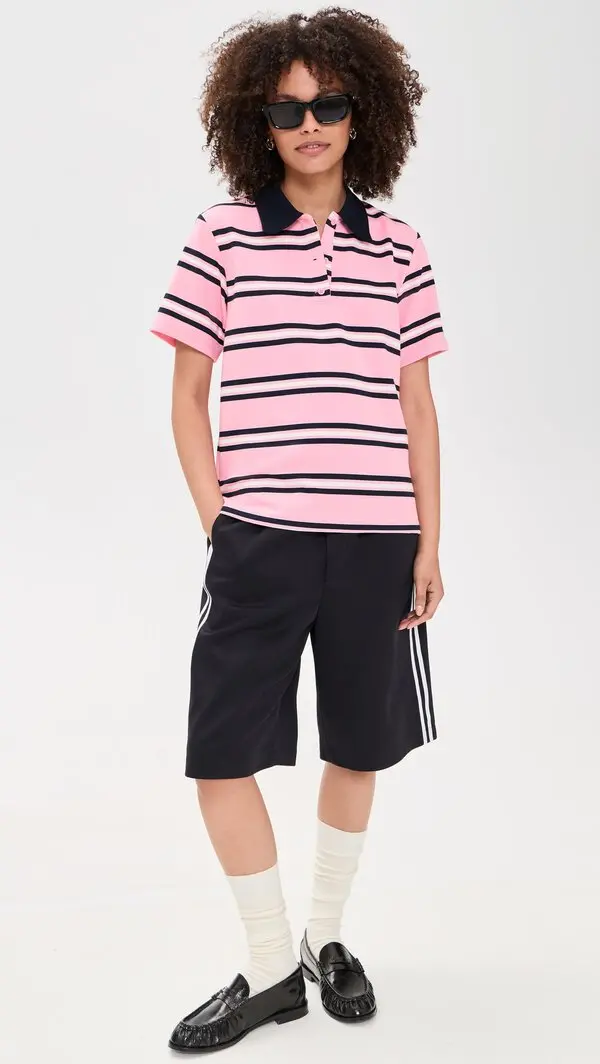 English Factory Striped Short Sleeve Knit Polo - Pink Multi