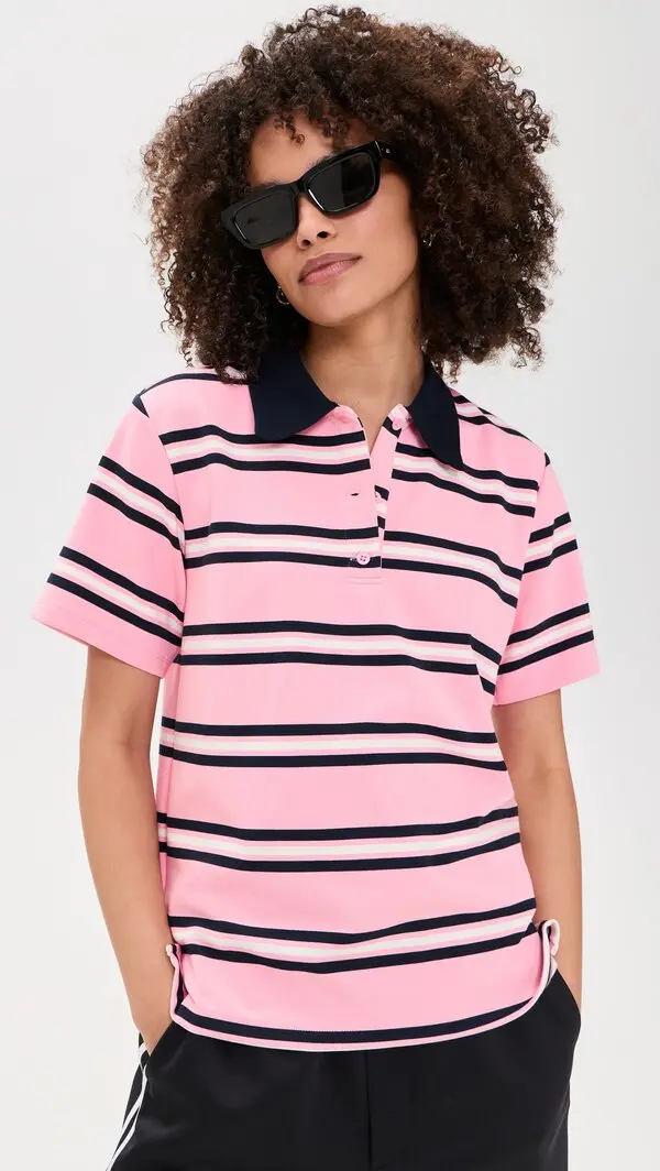English Factory Striped Short Sleeve Knit Polo - Pink Multi