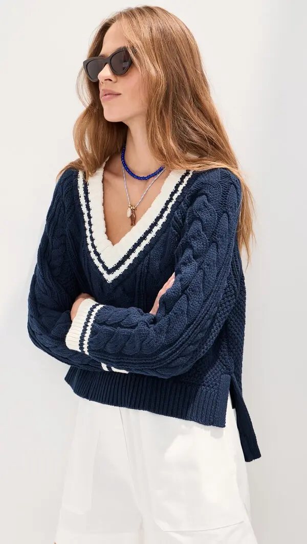 LE BOP Marley V-neck Cable Knit Sweater - Midnight Multi