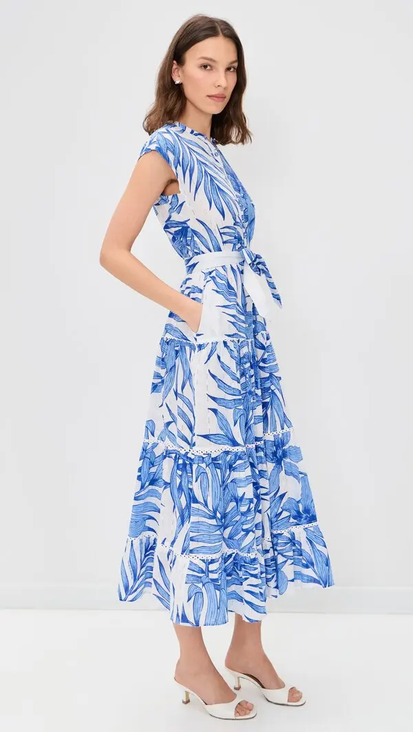 Poupette St Barth Tiered Palm Maxi Dress - Blue Palm Leaf