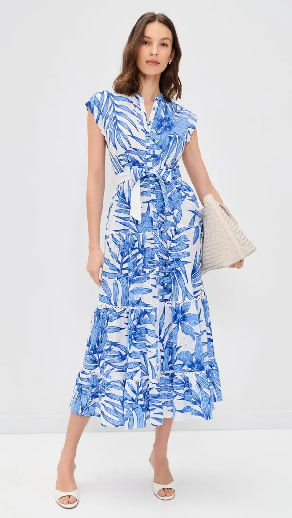 Poupette St Barth Tiered Palm Maxi Dress - Blue Palm Leaf