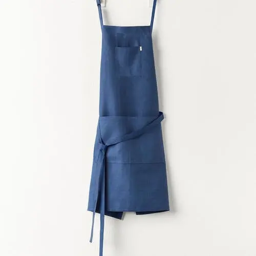 Solino Home Classic Linen Bib Apron For & With Front Pockets - Blue