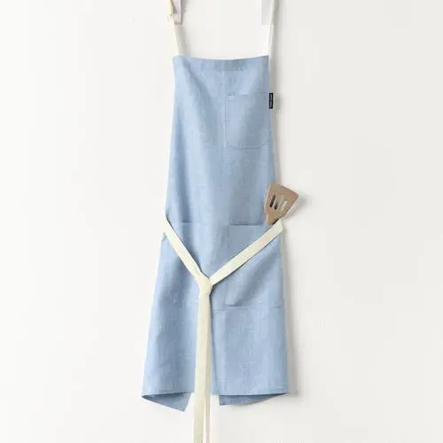 Solino Home Classic Linen Bib Apron For & With Front Pockets - Chambray Blue/ivory