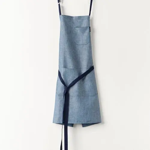 Solino Home Classic Linen Bib Apron For & With Front Pockets - Denim Blue/navy