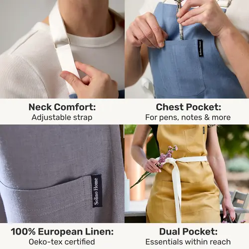 Solino Home Classic Linen Bib Apron For & With Front Pockets - Grey/black