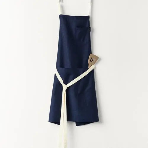 Solino Home Classic Linen Bib Apron For & With Front Pockets - Indigo/ivory